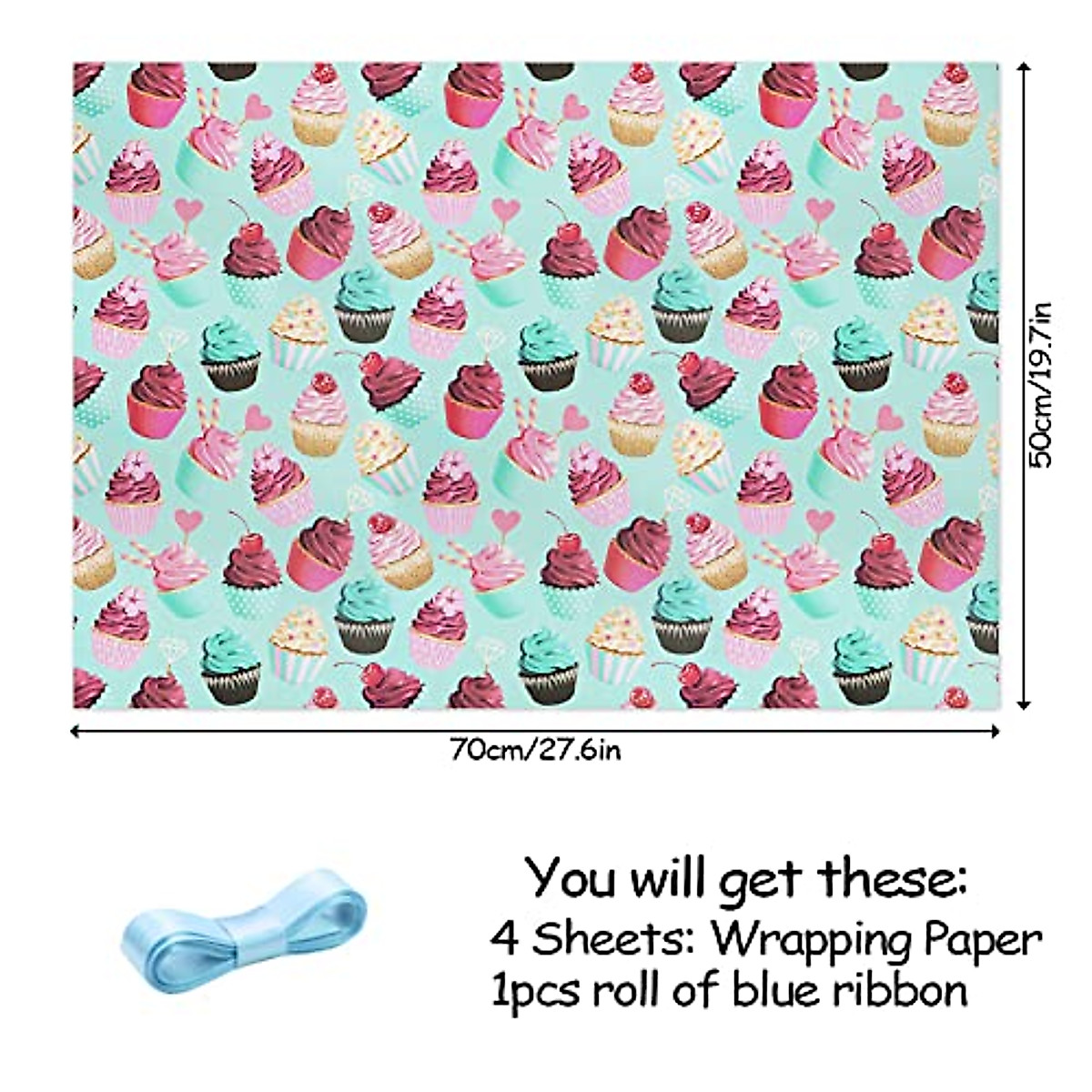 Blue Birthday Wrapping Papers, 4 Sheets Cupcake Muffin Printed Pattern Wrap Papers, 20 x 29 inch Per Sheet Folded Flat with 1 Roll Blue Ribbon for Baby Shower Party Holiday Kids Toddler Boys Gift Wrap