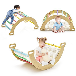 INFANS 4 in 1 Arch Climbing Toys for Toddlers, Montessori Wooden Arch Climber Ladder Structure and Rocker with Cushion Pad, Waldorf Children Indoor Gym Learning Playset for Kids Boys Girls