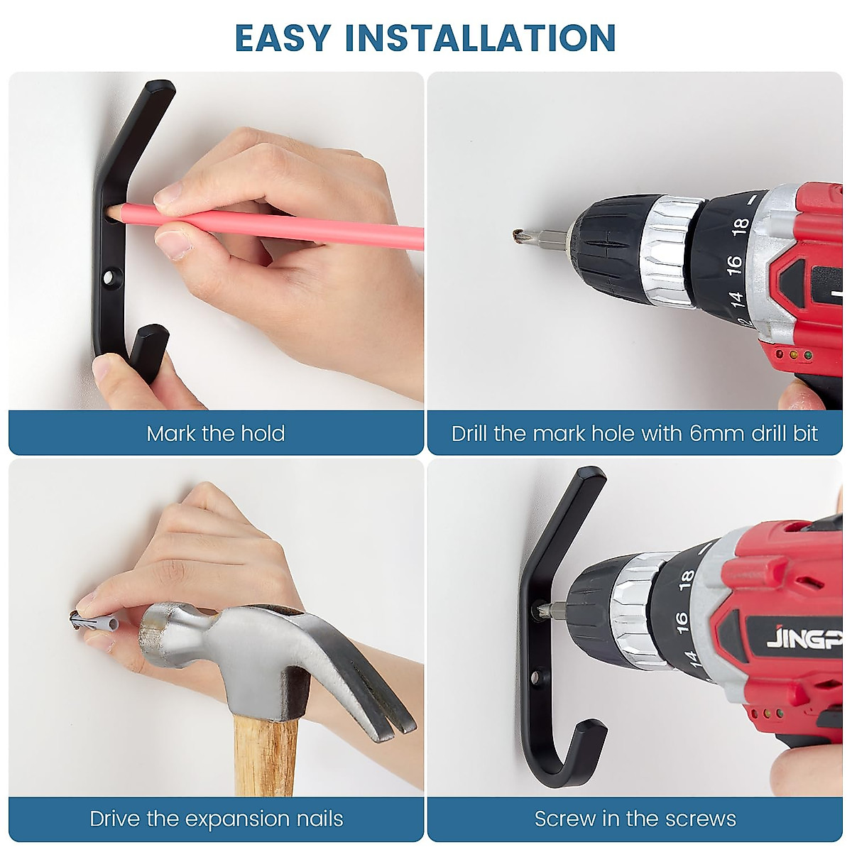 Coat Rack Hooks Wall Mounted,5 Packs Large Wall Hooks, Bath Towel Rope Hooks for Kitchen, Door, Cabinet, Bathroom, Foyers, Hallways.Heavy Duty Hanger for Purse, Rack for Closet and Door Wall Mounted