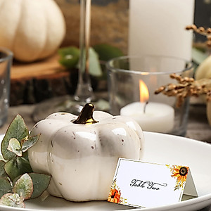 Whaline Thanksgiving Place Cards 50Pcs Autumn Fall Table Tent Place Cards Foil Gold Sunflower Pumpkin Seating Name Escort Card Folded Seat Assignment Setting Label for Wedding Baby Shower Party