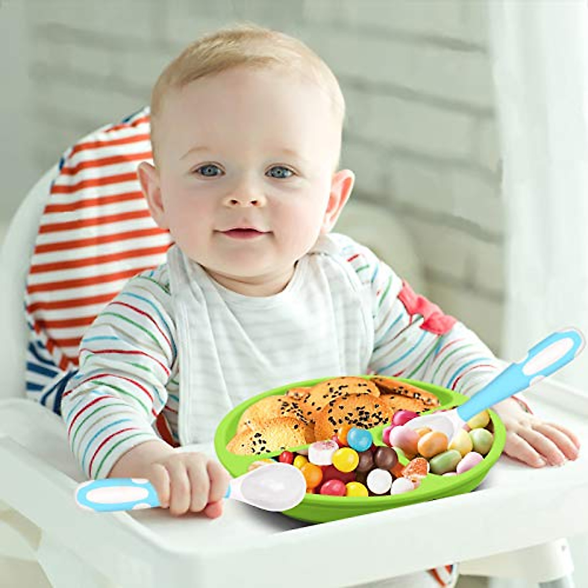 ANTUREBAY Suction Plates for Babies, 100% SiliconeToddler plates,Divided Baby Plates, Dishwasher & Microwave Friendly,Food Grade Silicone Kids Plates with Spoon Fork. (Blue,Green,Gray)