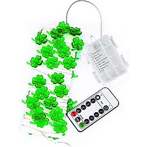 St. Patrick's Day Lights Shamrock String Lights Battery Operated 13 Feet 40 LEDs 8 Mode with Remote Lucky Clover Silver Wire Mini Fairy Lights for Bedroom Party Feast Green Day Decorations