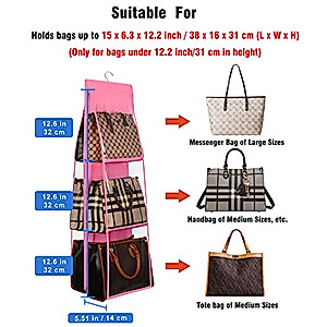 Lirex Handbag Hanging Organizer, 6 Pockets Foldable Hanging Purse Organizer Oxford Cloth Handbag Storage Hanger Universal Fit Closet Organizer for Family Closet Bedroom, Pink