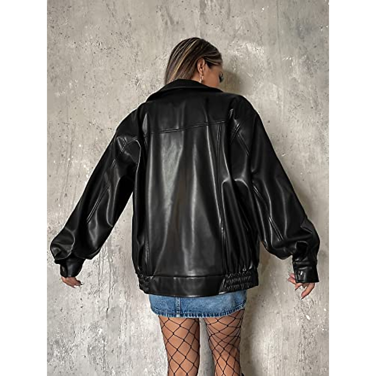 MakeMeChic Women's Faux Leather Jacket Casual Long Sleeve Collar Zip Up PU Leather Jacket Coat Black S