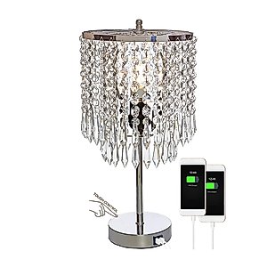 Popity home Crystal Table Lamp with Touch Control,Silver Lamp with Dual USB Charging Ports, 3 Way Dimmable Small Glam Lamp for Girls Bedroom, Living Room…