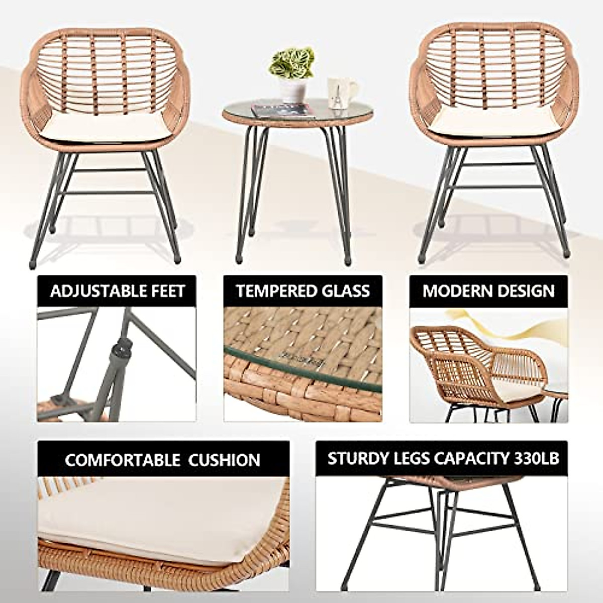 Leasbar 3 Piece Patio Conversation Bistro Set Porch Furniture Rattan Wicker Chairs，Outdoor Modern Garden Furniture Set for Porch Backyard Pool