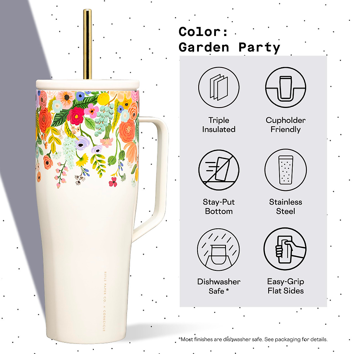 Corkcicle Rifle Paper 30oz Tumbler With Handle, Garden Cream Floral, Reusable Water Bottle, Triple Insulated Stainless Steel Travel Mug, BPA Free, Cold 12 Hours, Tumbler with Lid and Straw