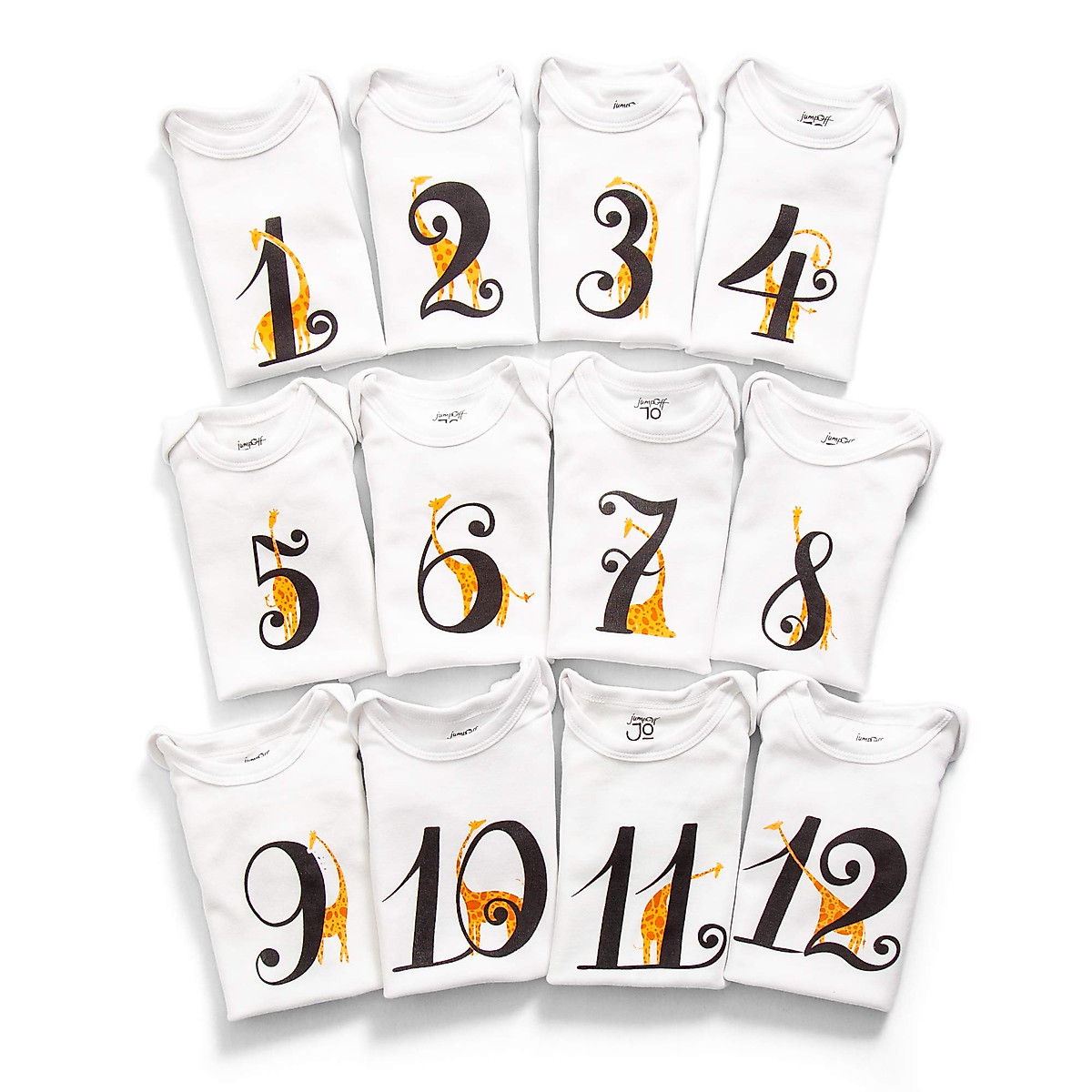 JumpOff Jo - Seize The Moment Baby Milestone Onesies, 1 Through 12 Bodysuit Set With Numbers, Newborn Essentials (Giraffe)