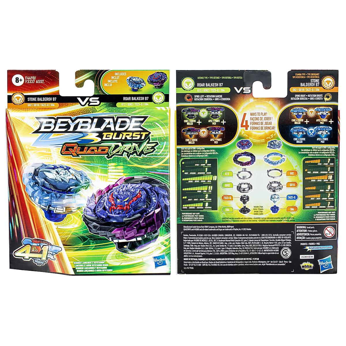 Hasbro Beyblade Burst QuadDrive Roar Balkesh B7 and Stone Balderov B7 Spinning Top Dual Pack - 2 Battling Game Top Toy for Kids Ages 8 and Up