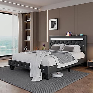 Forrise King Size LED Platform Bed Frame with Adjustable Headboard, Modern Bed Frame with Charging Station, Wooden Slats Support, Easy Assembly, No Box Spring Needed, Black