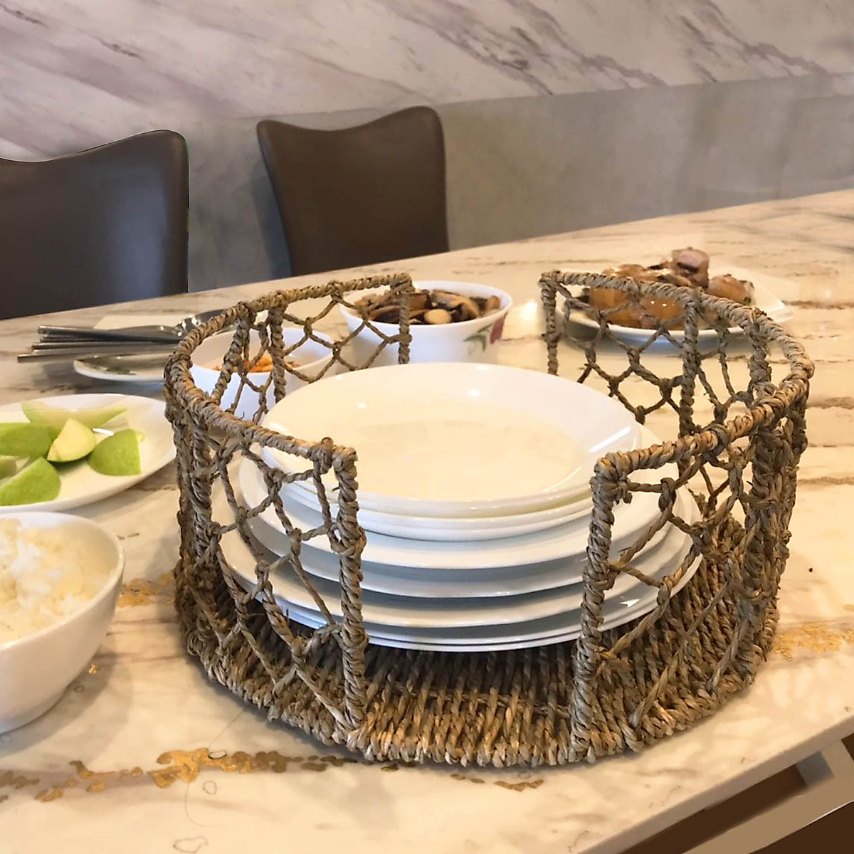 Seagrass Plate Caddy Carrier w Side Handles | Round Plate Holders for Buffets, Weddings, Parties, Dining Table - Cabinet Paper Plate Holders Reusable - By MadeTerra