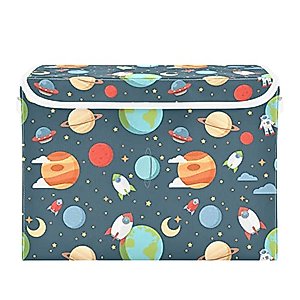 Krafig Cartoon Space Foldable Storage Box Large Cube Organizer Bins Containers Baskets with Lids Handles for Closet Organization, Shelves, Clothes, Toys