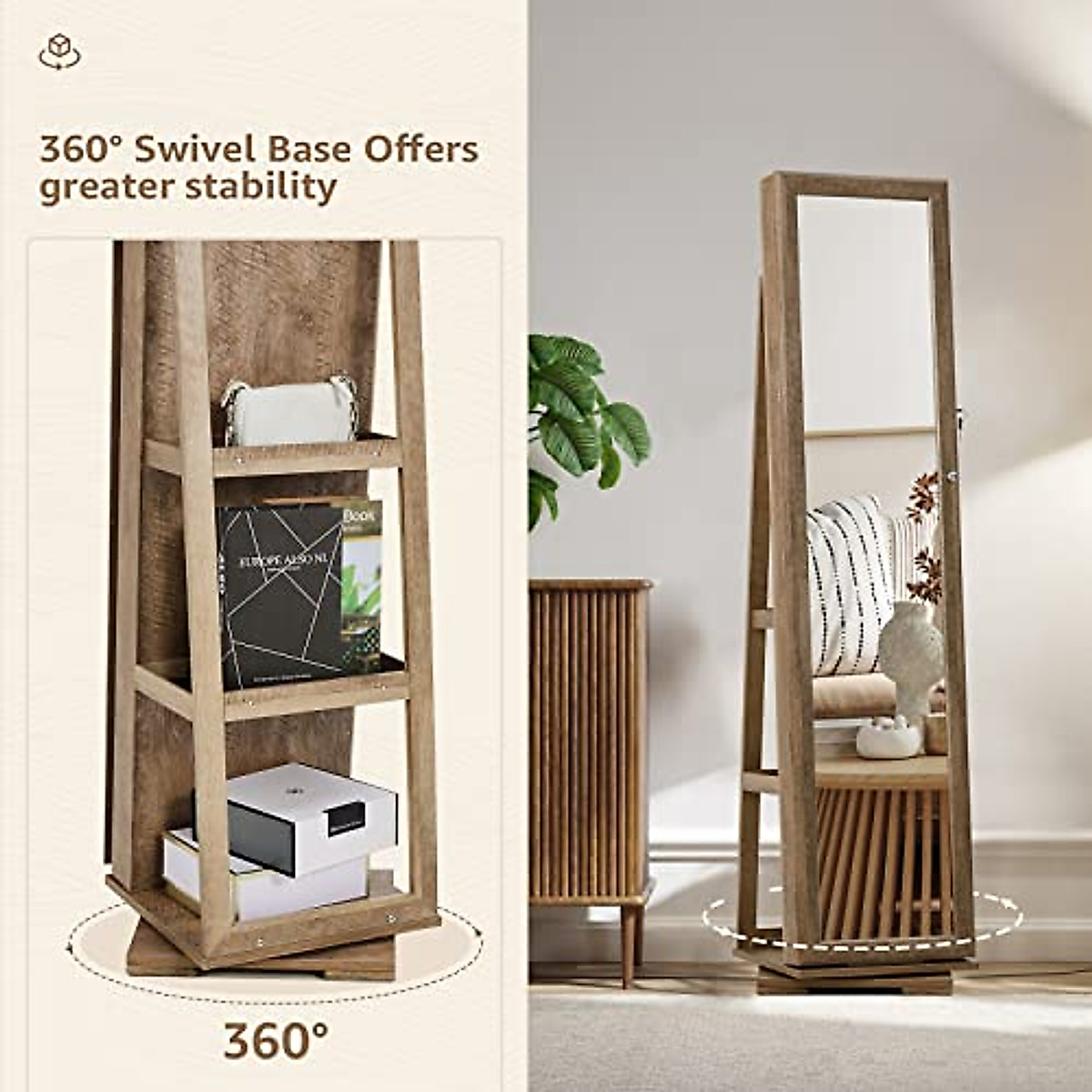 SERWALL 360 Rotating Jewelry Stand Organizer - Jewelry Armoire with Full-Length Mirror- Freestanding Dressing Mirror Jewelry Cabinet Storage - WOOD