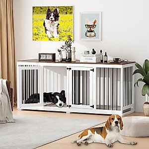 DAWNSPACES Double Dog Crates Furniture for Large Dogs, 71" Heavy Duty Wooden Large Dog Kennel with Removable Divider for 2 Dogs, Indoor Furniture Style Dog Crate House TV Stand, White