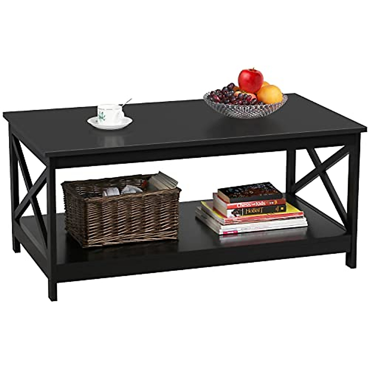 Yaheetech Wood 2-Tier Black Coffee Table with Storage Shelf for Living Room, X Design Accent Cocktail Table, Easy Assembly Home Furniture, 39.5 x 21.5 x 18 Inches