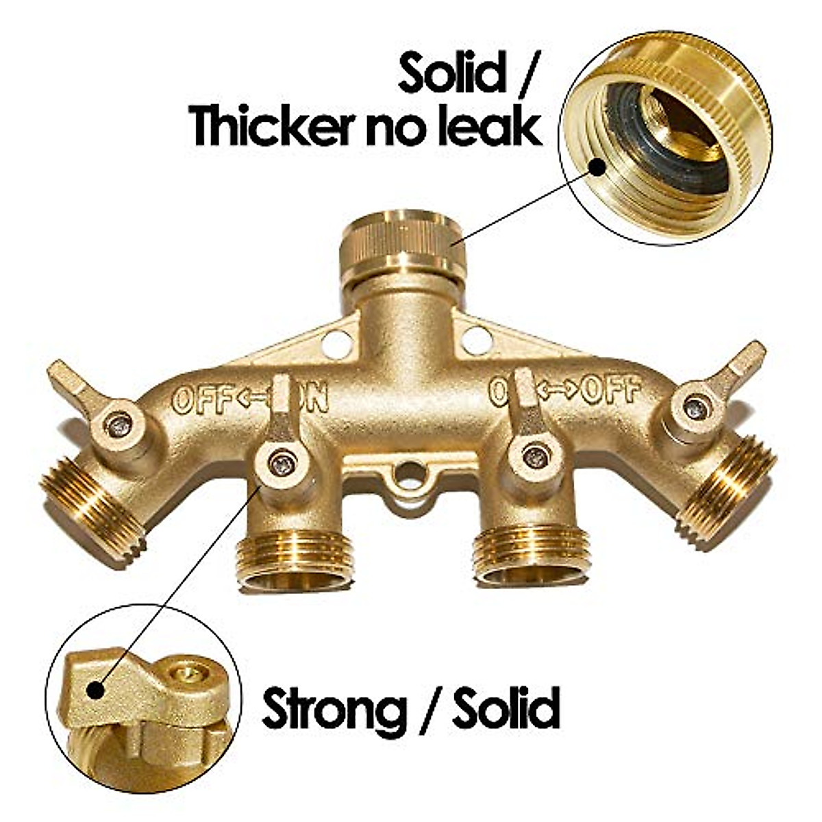 HQMPC 4 Way Hose Splitter 3/4" GHT Garden Hose Splitter 4 Way Solid Brass Hose Connector Heavy Duty Hose Spigot Adapter With 4 Valves 8 Gaskets +2 Seal Tapes
