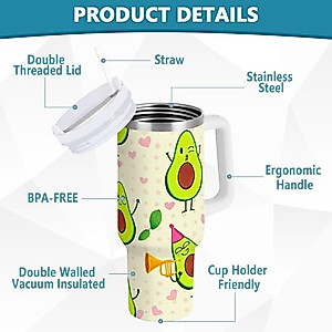 Cute Avocado Beige Insulated Stainless Steel Tumblers with Handle and Straw Lid for Water, Tumbler Insulated 30 OZ / 0.89 L