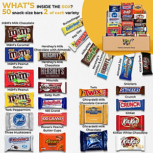 Chocolate Candy Variety Pack Gift Box - 50 Fun Size Candy Bars Assortment - Adult Chocolate Gifts for Women, Birthday, College Care Package