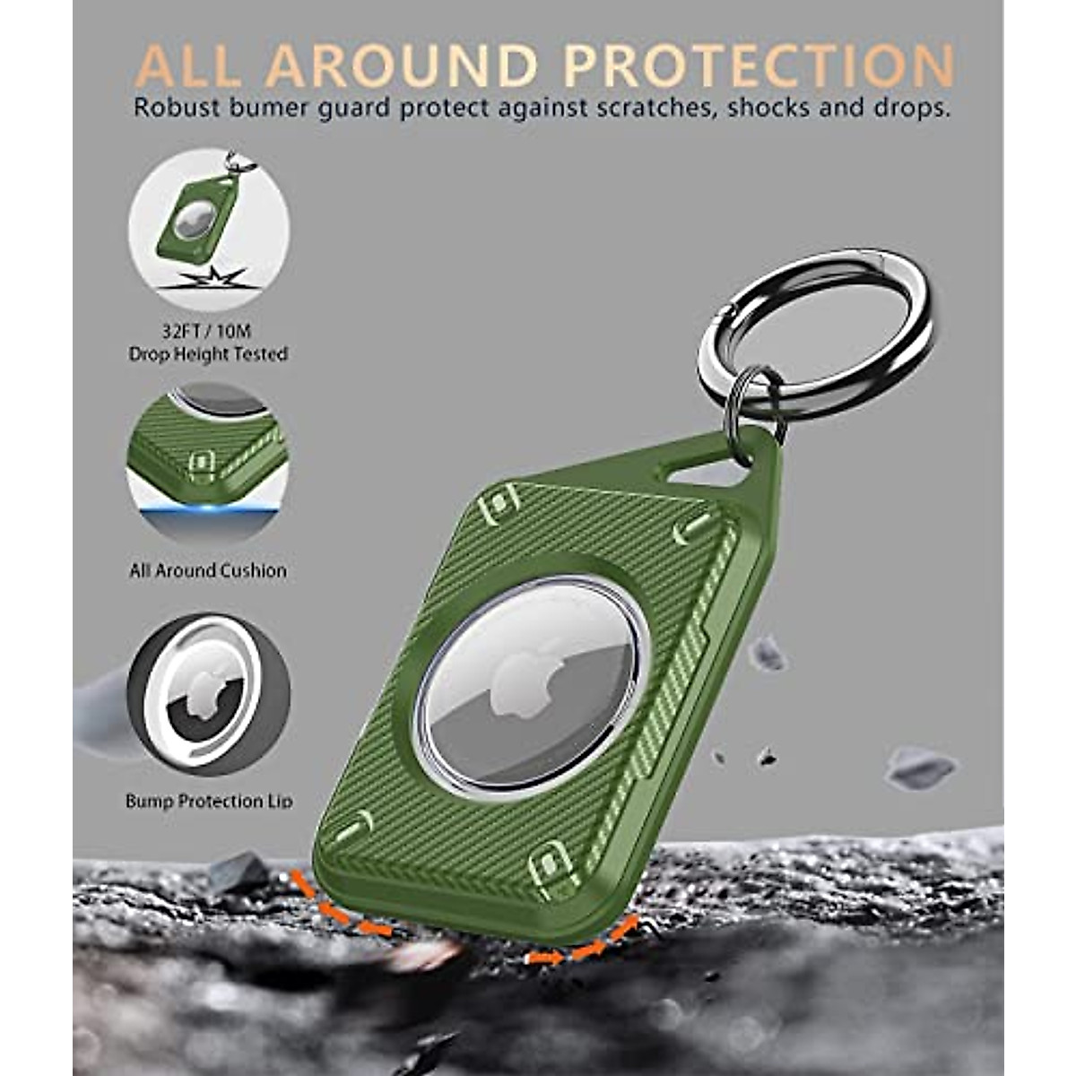 Olytop Waterproof AirTag Holder for Apple Airtag Keychain Case,Water Resistance Shockproof Anti-Scratch TPU & Clear PC Double ProtectionS Case for Apple Air Tag Tracker Key Ring, Black+Green