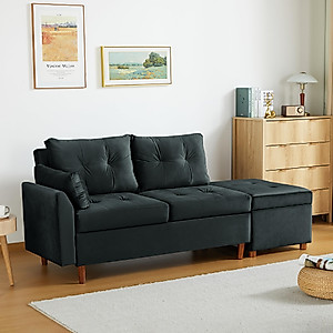 LEVNARY Sectional Sofa Chaise, Small L-Shaped Loveseat Couch with Storage Ottoman, Comfy Upholstered Sleeper Sofas Velvet Chaise Lounge Indoor for Living Room Home (Black)