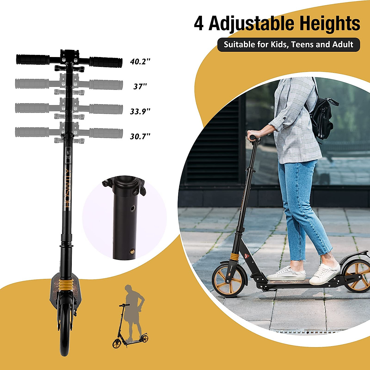 Kick Scooter for Kids Ages 8-12, Folding Scooter for Teens/Adults with 4 Adjustment Levels, Big 8" Wheels Scooters with Anti-Shock Suspension and Carry Strap, Adult Scooter up to 220lbs