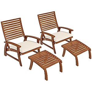 Outsunny 4 Piece Patio Furniture Set, 2 Chairs with Cushions & Ottomans, Outdoor Chair Set for 2 with Footstools, Slatted Acacia Wood Seat & Backrest, Cream White