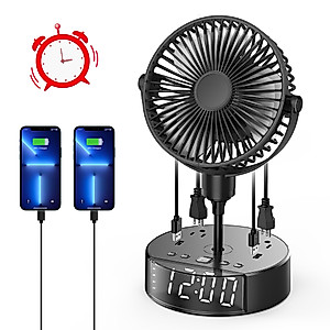 Fereowth Quiet Desk fan,Office Fan with 2 USB Charging Ports，Table Fan with 2 AC Power Outlets ，Bedroom Fan with Timer Alarm.Personal Fan for Home，Strong Wind, Quiet Operation（black gray）