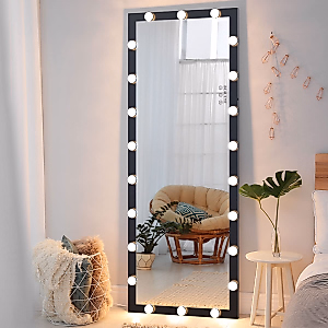 ANYHI Full Length Mirror with Lights, 63" x 24" Full Lenth Vanity Mirror, 22 LED Bulbs, 3 Color Lights, Dimmable, Aluminum Thick Frame, for Dressing Makeup, Straight-Waist Design, Black