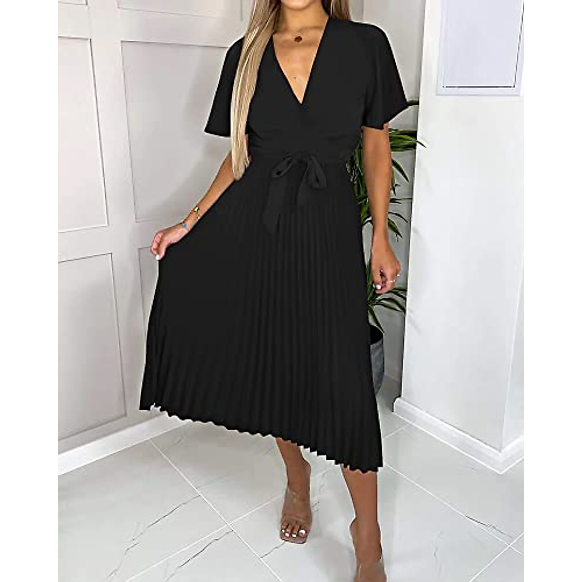 BTFBM Women Wrap V Neck Casual Summer Dresses 2023 Short Sleeve Satin Tie Waist Pleated Flowy Wedding Guest Midi Dress(Solid Black, Medium)