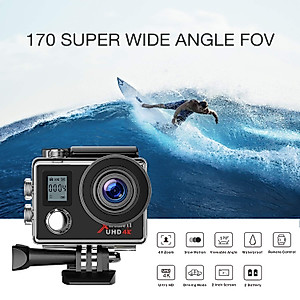 CAMWORLD Action Camera 4K 30FPS WiFi Ultra HD 4X Zoom PC Webcam Sports Underwater 30M Waterproof 170° Wide Angle Lens with Remote Control, 2 Batteries and Mounting Kit