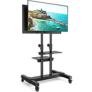 Rfiver Dual Monitors Mobile TV Cart with Tilt Mount for 37-80 Inch Flat Screen/Curved TVs, 2-Shelf Rolling TV Stand with Locking Wheels, Adjustable Floor TV Trolley for Trade Show, Extra Tall