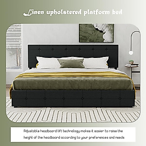 Tuconia Linen Upholstered Platform with 4 Storage Drawers Bed Frame with Headboard and Wooden Slats Support Easy Assembly Queen Size Black
