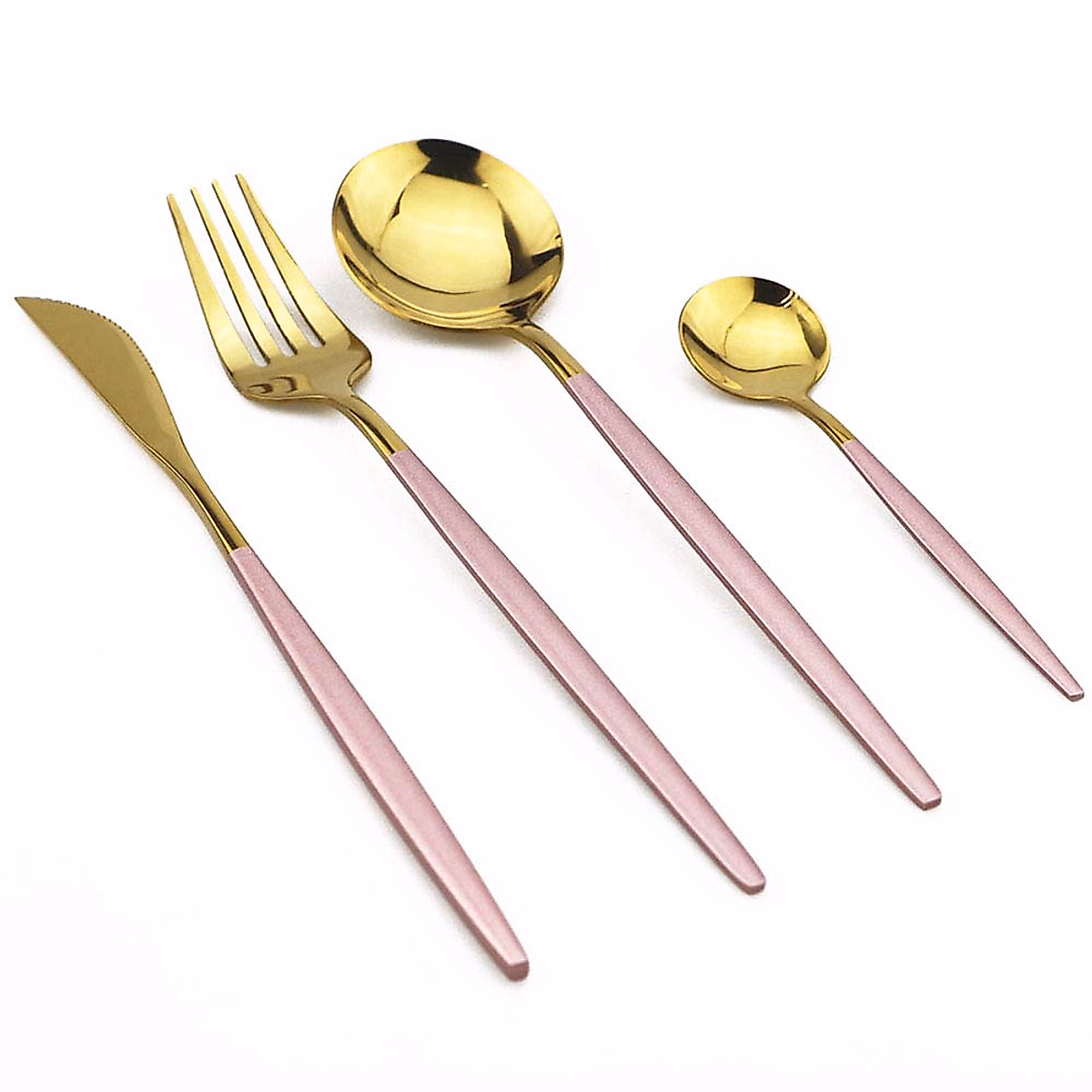 JANKNG 24-Piece Flatware Set, 18/0 Stainless Steel Knife Fork Spoon Teaspoon Silverware Set, Service for 6, Pink Handle Gold