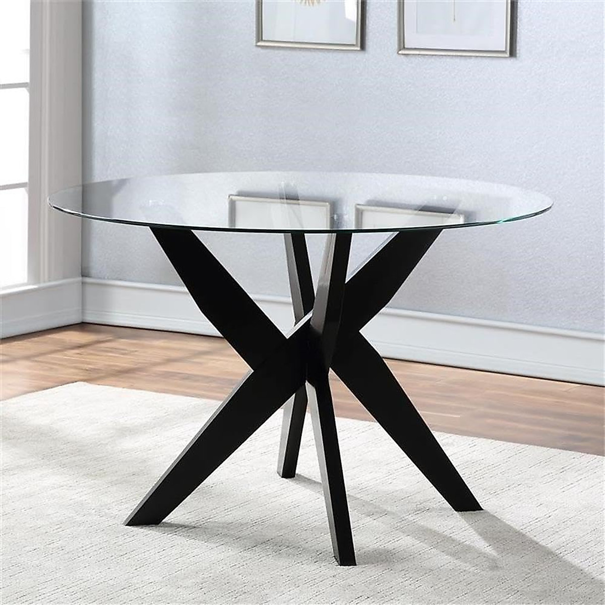 Steve Silver Co Amalie Round Dining Table, Contemporary Pedestal Base, 48" Round Tempered Glass, incd. One Glass Top Dining Table w/Black Base, Dining Room, Kitchen, 48" D x 48" W x 31" H, Black
