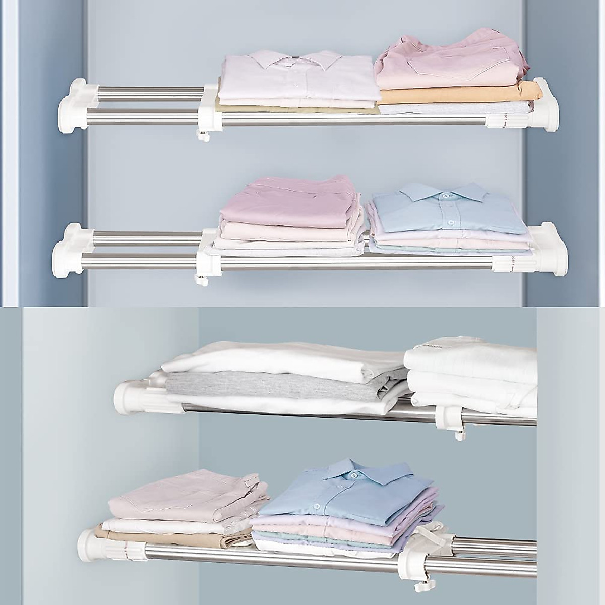 Hershii 2 Pack Expandable Closet Shelf Tension Rod Adjustable Metal Storage Rack Hanger Cabinet Organizer DIY Divider Separator for Wardrobe Cupboard Kitchen Bathroom, Ivory, 27.56-47.24 in