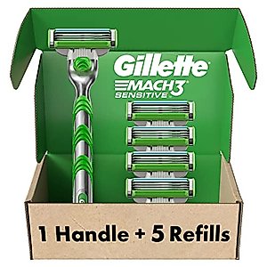 Gillette Mach3 Sensitive Razors for Men, 1 Gillette Razor, 5 Razor Blade Refills, Designed for Sensitive Skin