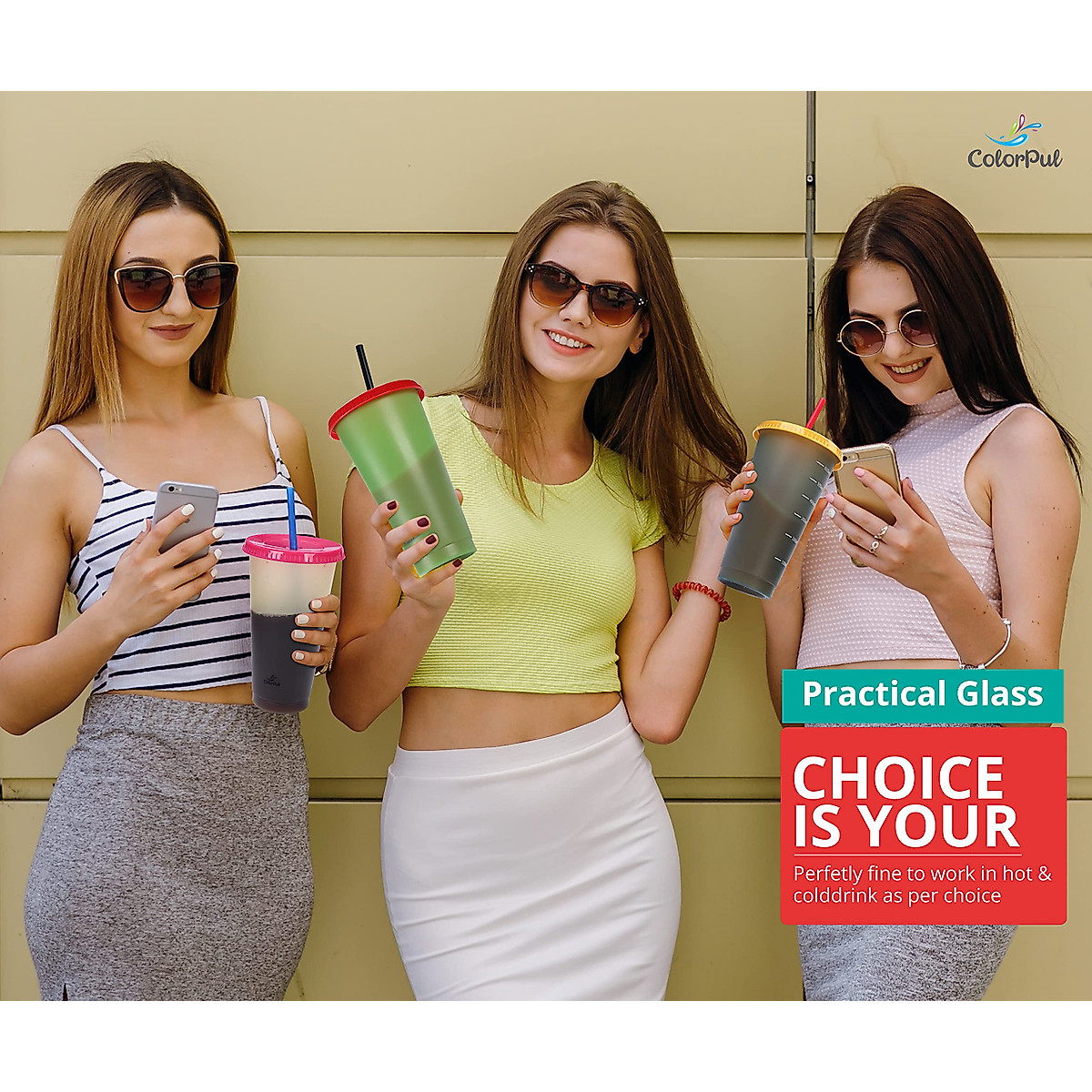 COLORPUL 24oz Plastic Tumblers - 9 Pack Color Changing Cups With Lids and Straws - Reusable Smoothie Cups for Kids