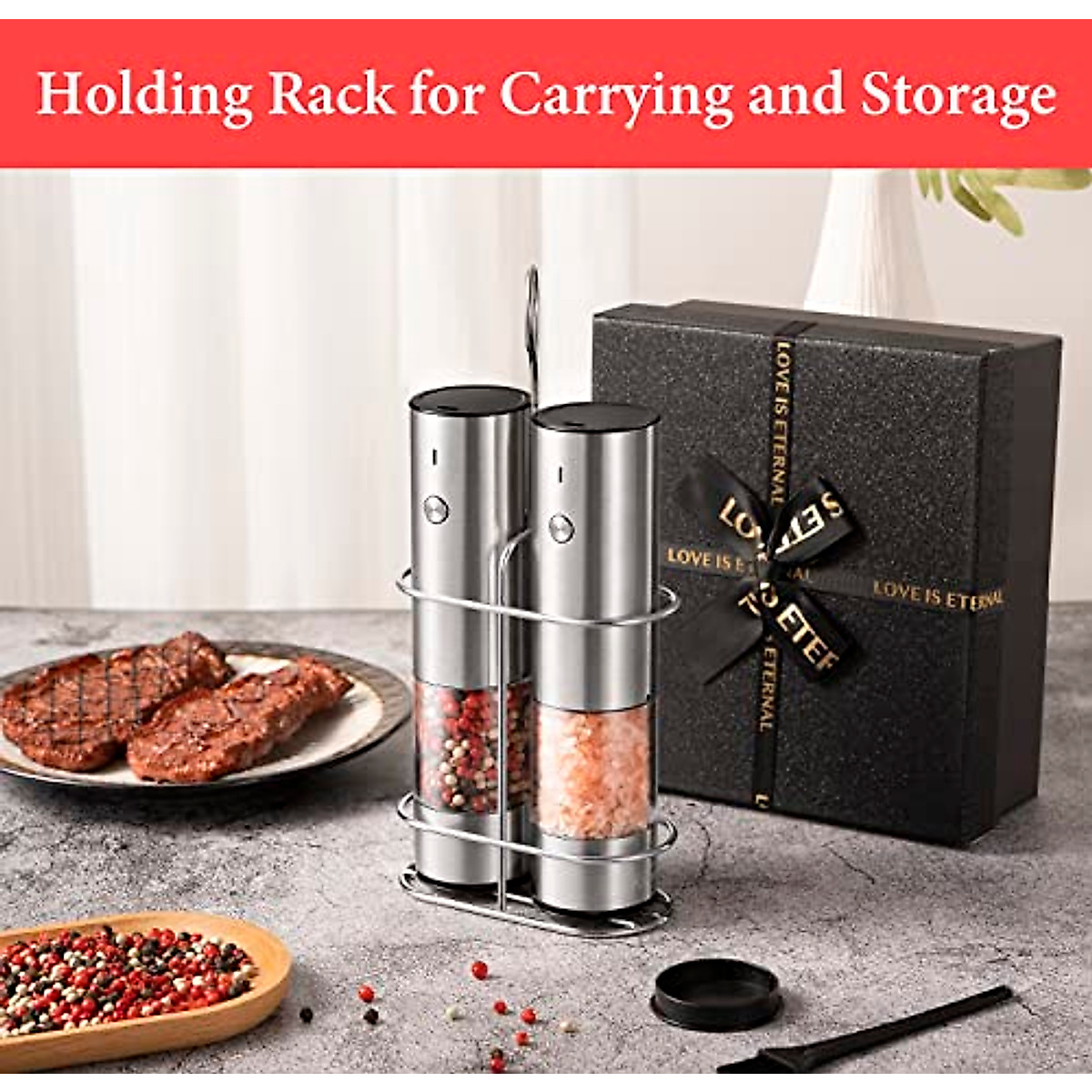 Rechargeable Electric Salt and Pepper Grinder Set with Holder - Nicely Packaged Giftable - No Battery Needed - Automatic Pepper Mill & Adjustable Coarseness & LED Light Refillable - Stainless Steel