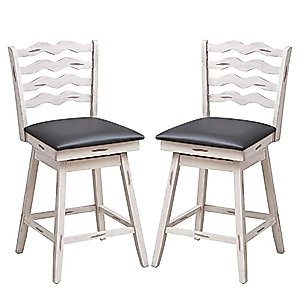 COSTWAY Bar Stools Set of 2, 25” 360° Swivel Counter Height Chairs with Rubber Wood Frame, Cushioned Seat, Ergonomic Backrest & Footrest, Wooden Upholstered Barstools for Kitchen Island (2, 25”)