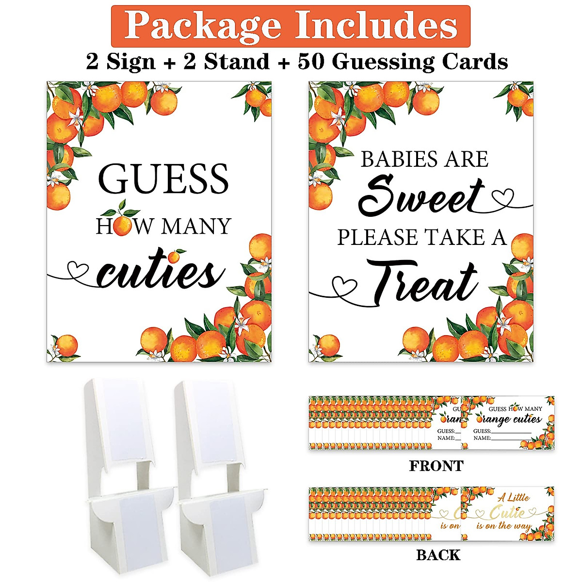 Little Cutie Candy Guessing Game, Orange Theme Guess How Many Cuties Standing Sign with 50 Cards, Baby Shower Games, Babies are Sweet, Please Take a Treat Sign