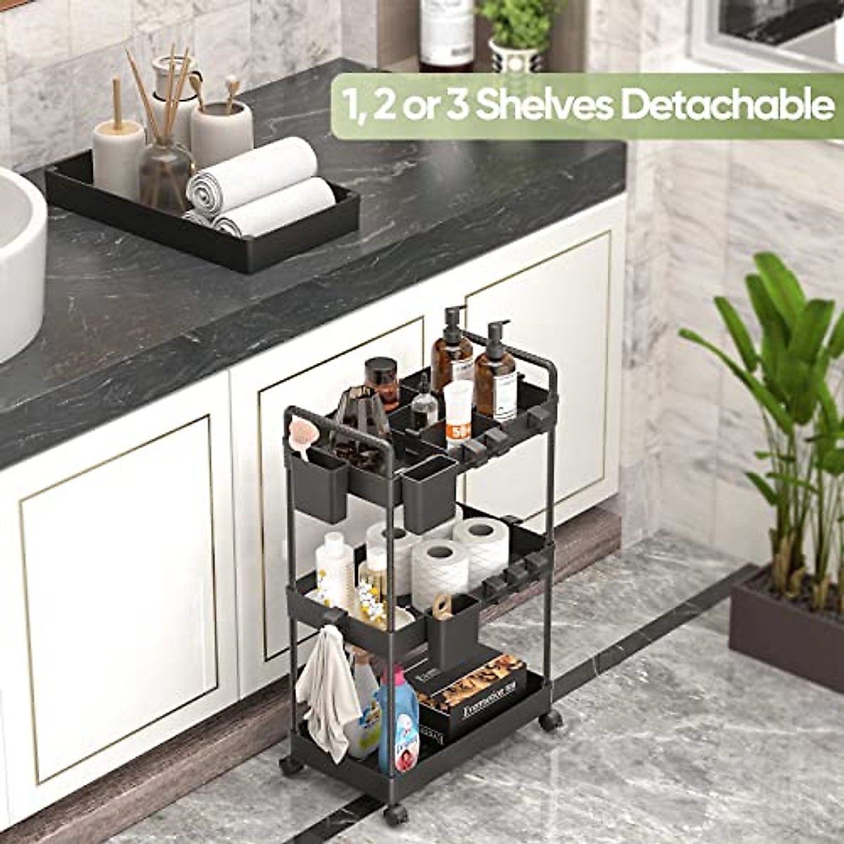 Mosxoed Slim Storage Cart Rolling Utility Cart with Wheels 4 Tier Mobile Bathroom Organizer Cart for Laundry Room Kitchen Office Narrow Space with Handle Hanging Cups Dividers, Black, 35" H