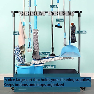 Broom and Mop Organizer Wall Hanging, Movable Commercial Multifunctional Cleaning Cart and Tool Organizer Drain Rack, 41.34x19.69x5.12 Inches Cleaning Cart Put Wet Mops for Garden Garage Organizer