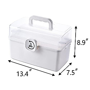 Sooyee Craft Organizers and Storage,Plastic Box with 3-Tier Fold Tray and Handle,Portable Lockable Container for Arts, Crafts,Cosmetic, Sewing, Toy, Washi Tape, Lego,13.4x7.5x8.9 in,Clear/White