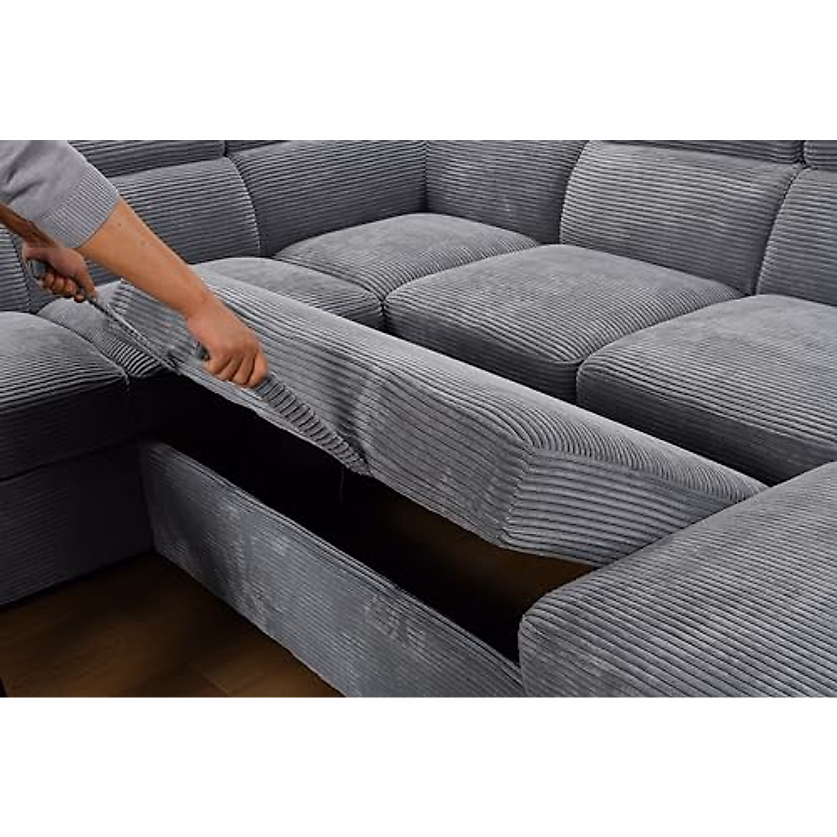 THSUPER Corduroy 123" Oversized U Shape Sectional Sleeper Sofa with Pull Out Bed, 7-Seats Sleeper Sectional Sofa with Storage Chaise and Adjustable Headrest for Living Room - Dark Grey