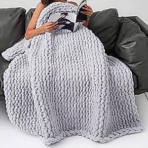 FACEBOX Chunky Knit Blanket 50"x60", Soft Cozy Chenille Throw Blanket, Large Cable Knit Throw Blanket for Bed, Sofa, Home Decor, Gift (Gray, 4.85 lbs)