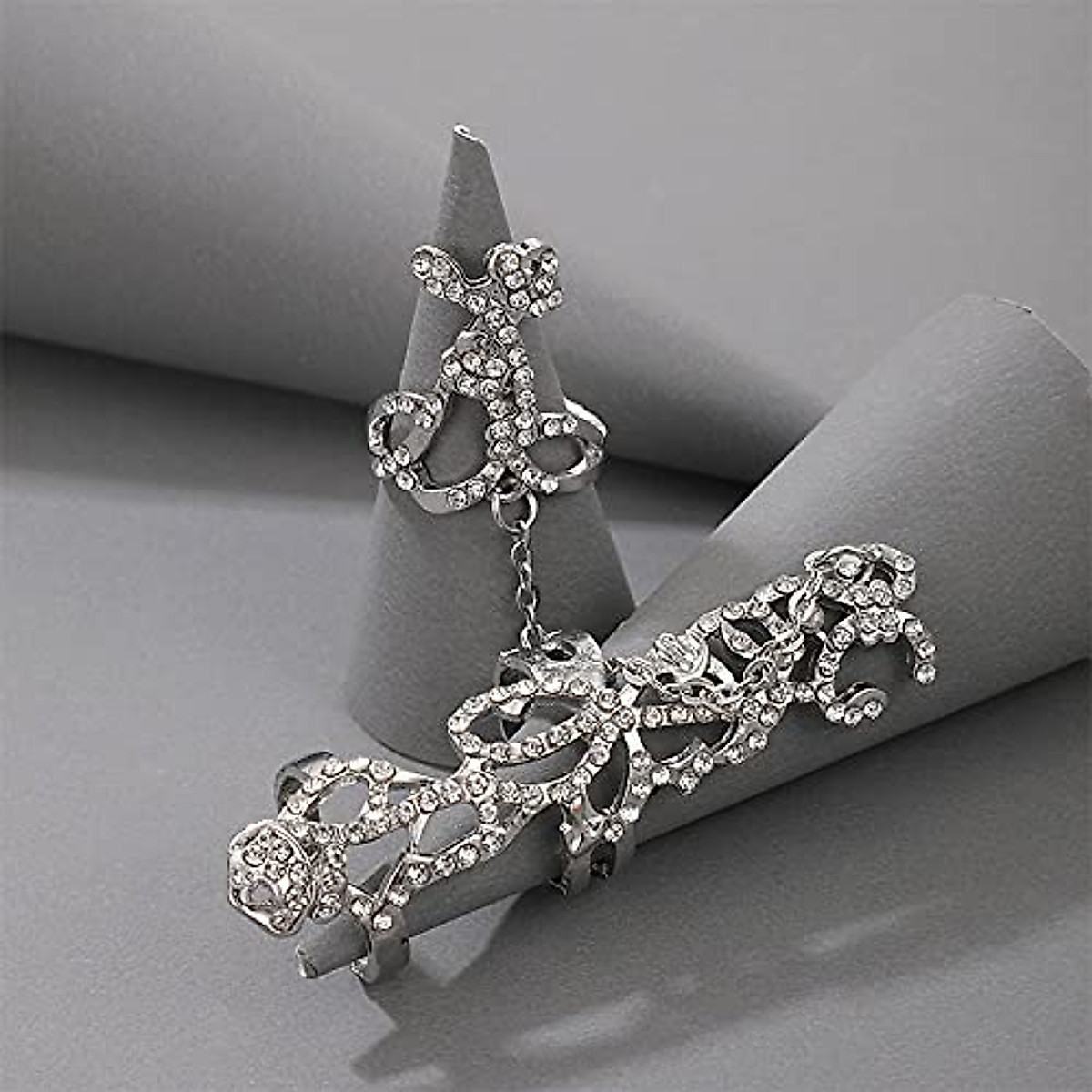 Sttiafay Crystal Chain Rings Gothic Hollow Carved Full Finger Ring Silver Index Rings Jewelry for Women