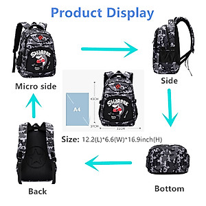Shark Backpack for Boys, Camo Bookbags for Boys, Boys Backpacks for Kids Elementary