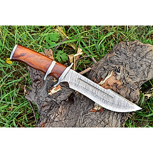 Damascus Hunting Knife, Handmade Full Tang Knife - Wood Handle Knife, Hand Forged Fixed Blade Knife & Bowi Knife - Camping Knives & Hiking Knives, Rose Wood Handle - Leather Knife Sheath