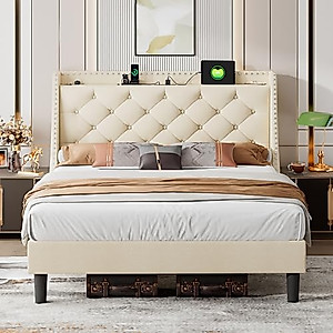 iPormis Queen Bed Frame with Deluxe Wingback & 2 USB Ports, Button Tufted Storage Headboard, Solid Wood Slats Support, No Box Spring Needed, Beige