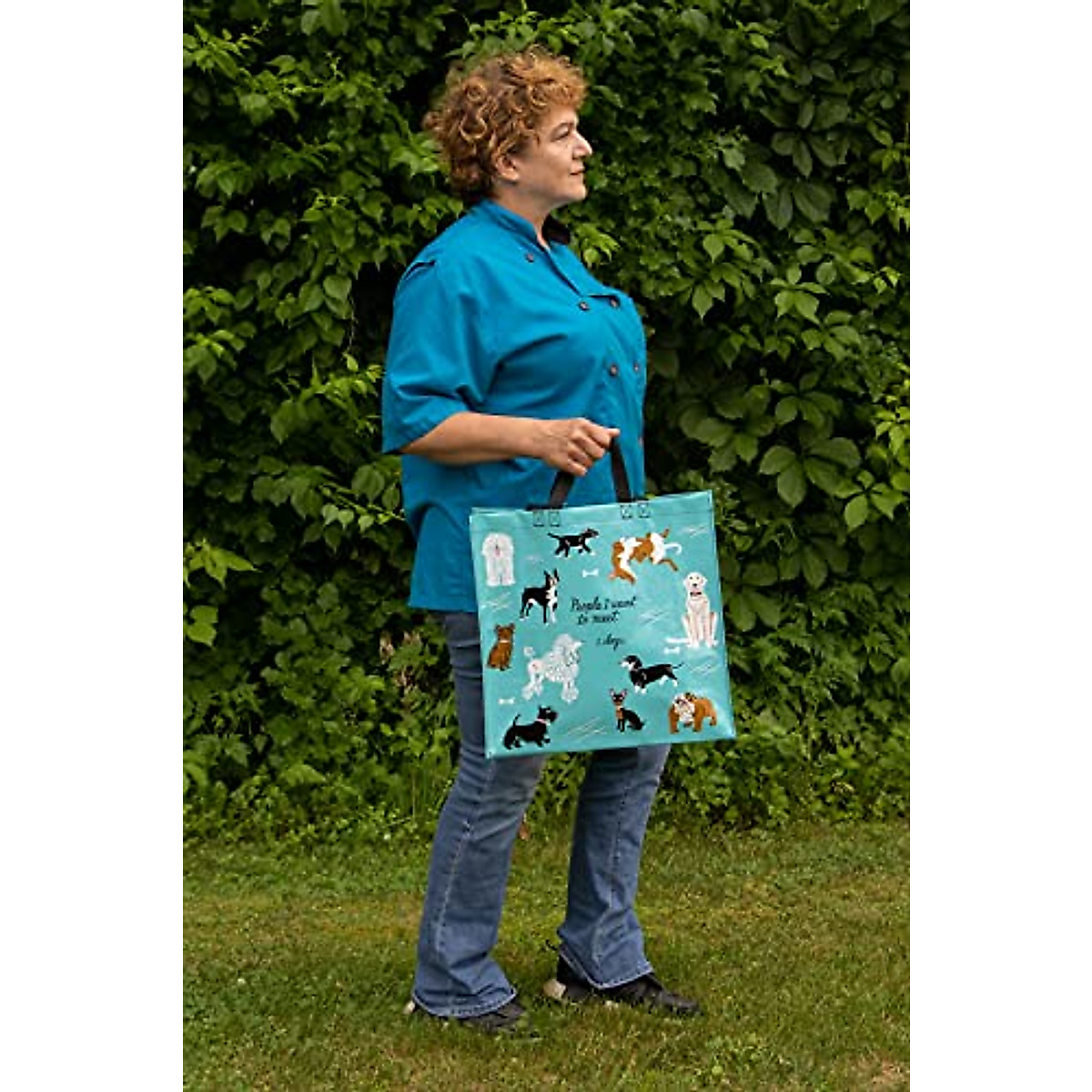 Blue Q Shopper ~ People I Want to Meet: Dogs. Reusable grocery bag, sturdy, easy-to-clean, perfect for dog lovers, 15"h x 16"w x 6"d, made From 95% recycled material.